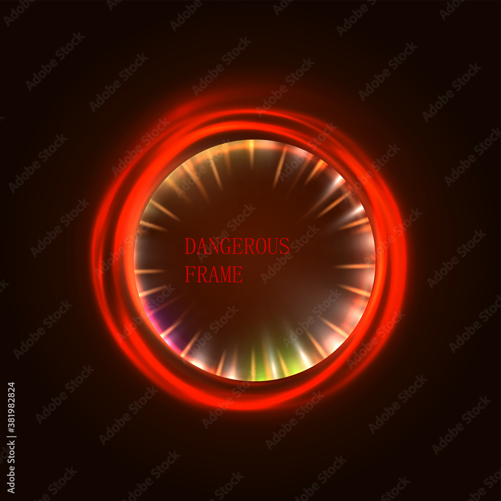 Vector neon red light effect circle frame with internal hazy cog flares ...