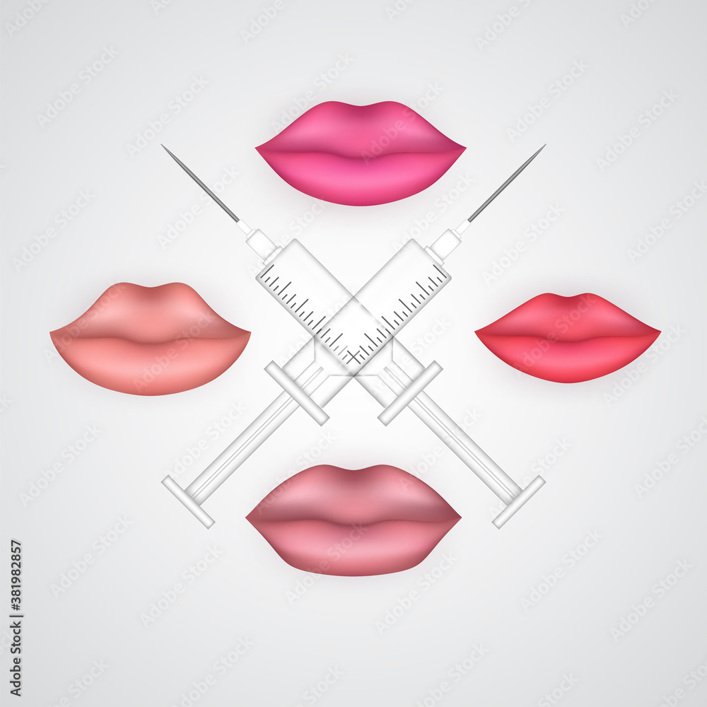 Lips 3d shapes of pink and red tints with crossed syringes. Cartoon ...