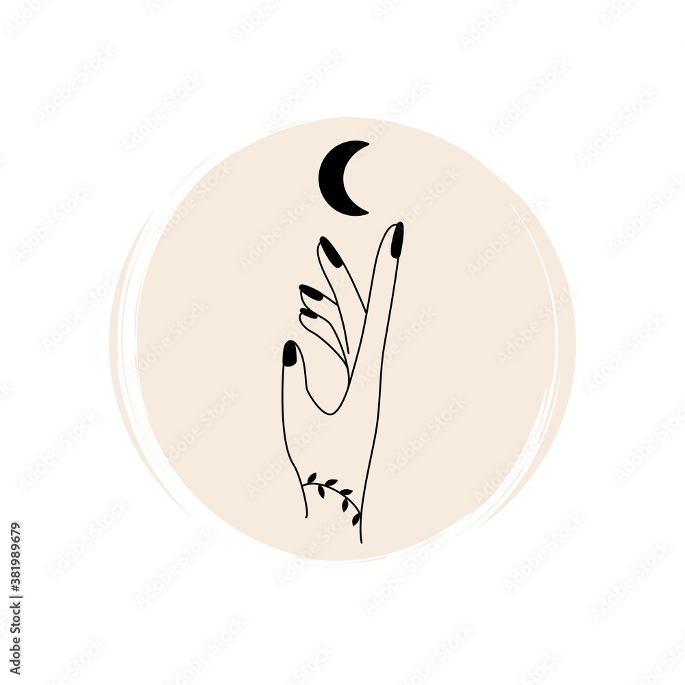 Cute human hand with moon logo vector illustration on circle with brush ...