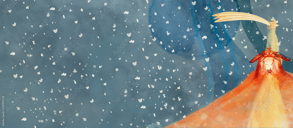 Nativity scene, Holy Night. Watercolor background. Stock Illustration ...