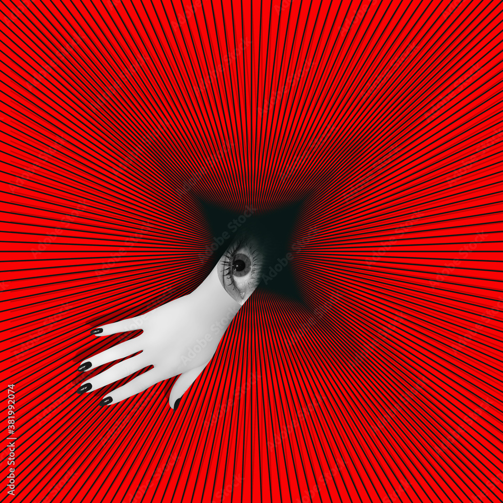 Contemporary collage. A hand with an eye and black nails on a red ...
