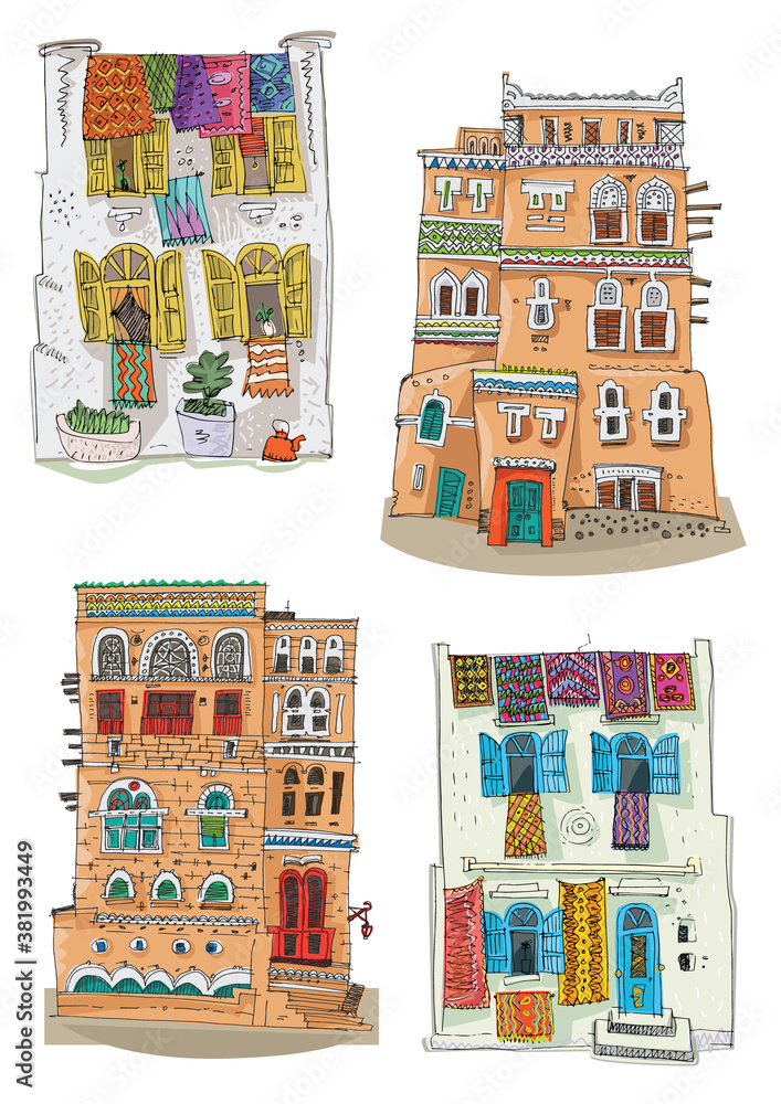 A set of traditional arabian, Yemen and Morocco architecture. Cartoon ...