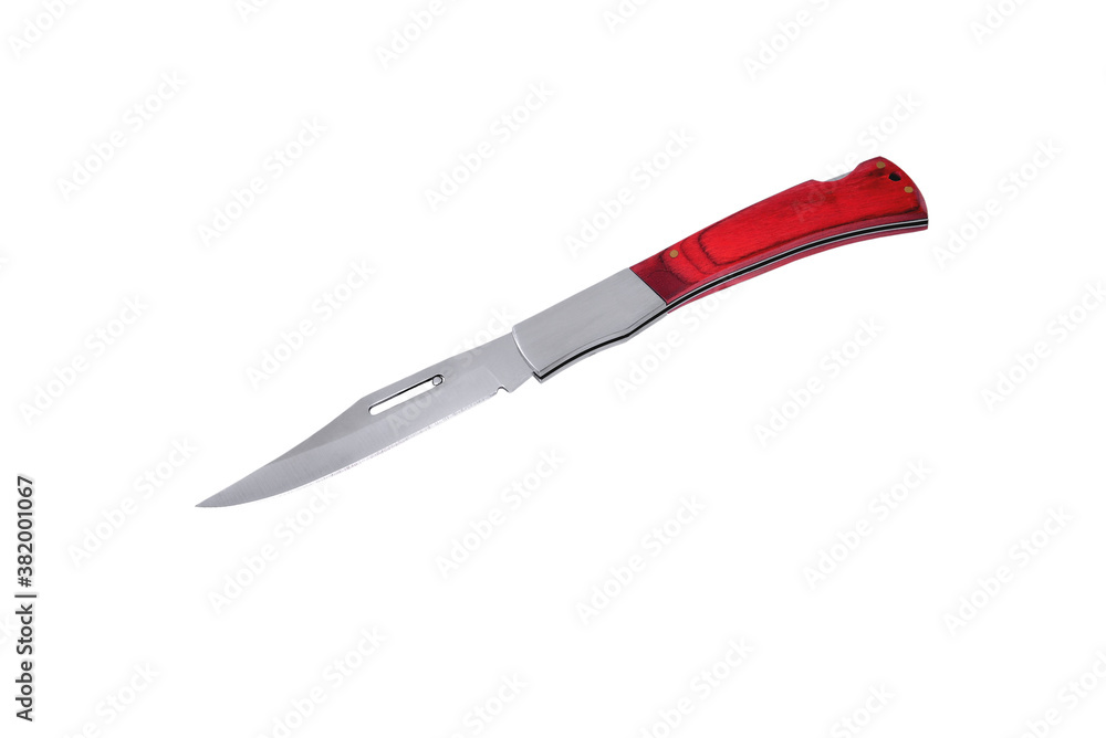 an elegant folding knife with wooden overlays on the handle, white ...