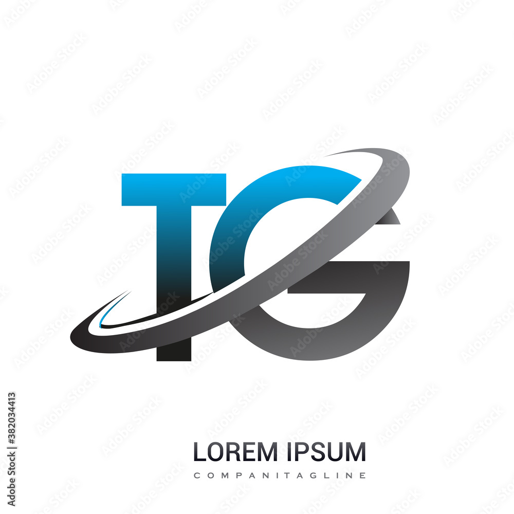 initial letter TG logotype company name colored blue and grey swoosh ...