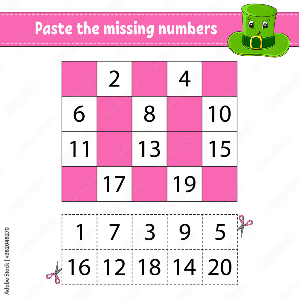 Paste the missing numbers 1-20. Game for children. Handwriting practice ...
