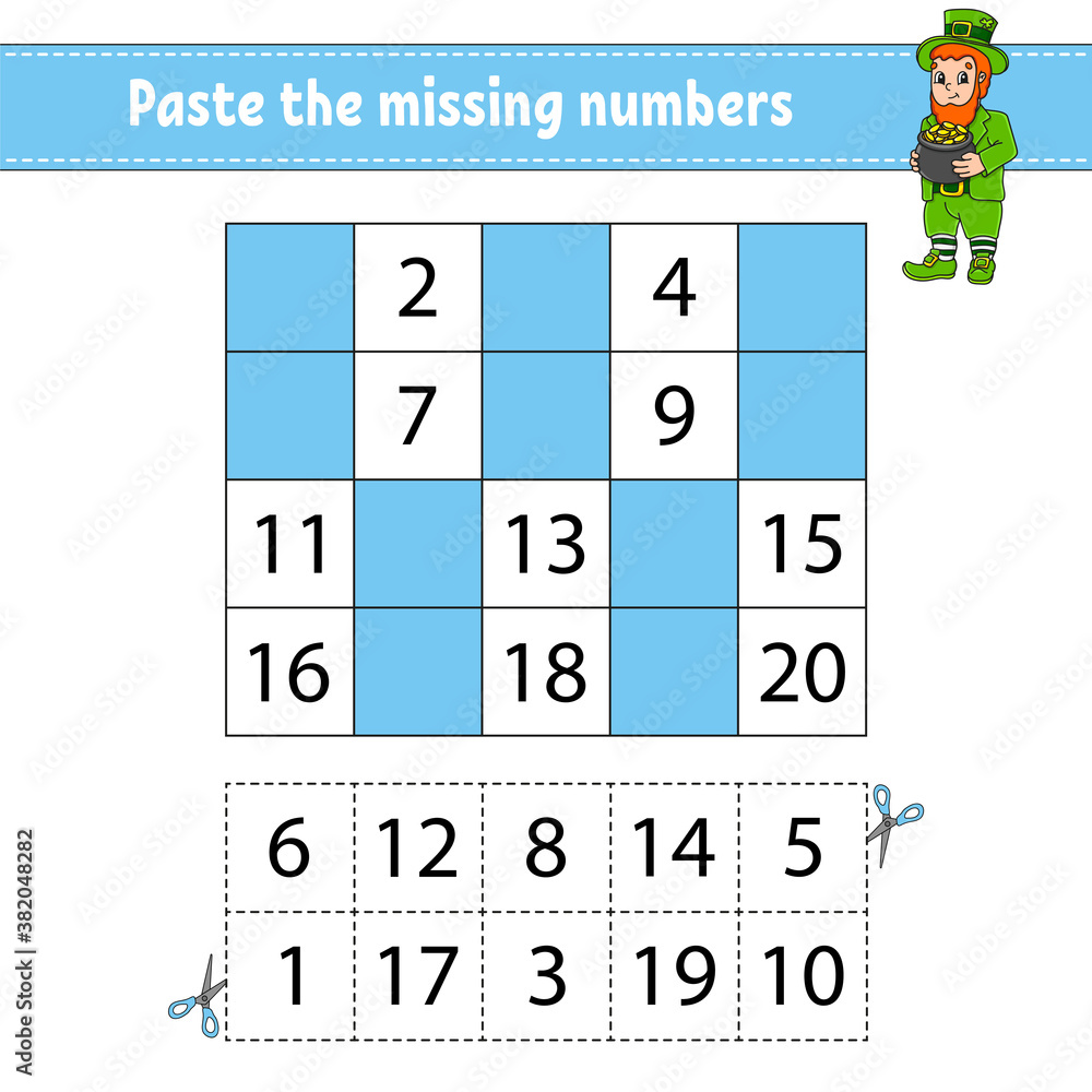 Paste the missing numbers 1-20. Game for children. Handwriting practice ...