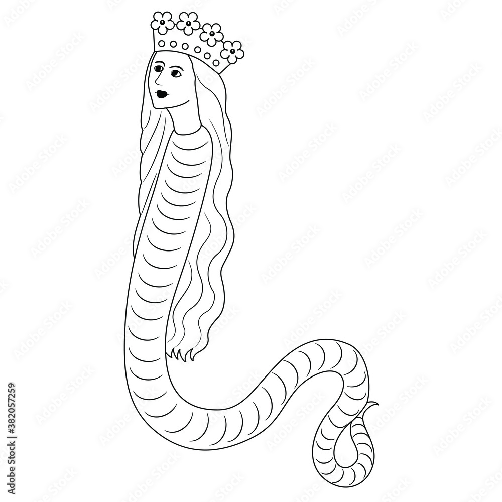Fantastic lady snake in royal golden crown. Lilith. Medieval art. Black ...