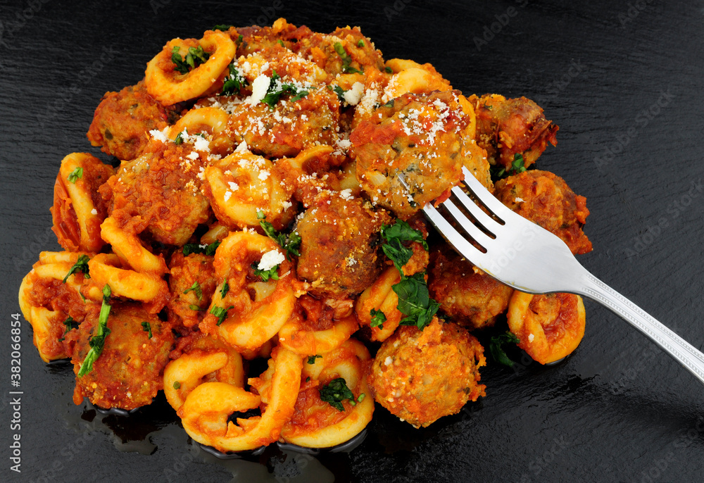 Beef and pork meatballs Al Forno with trulli pasta in tomato sauce meal ...