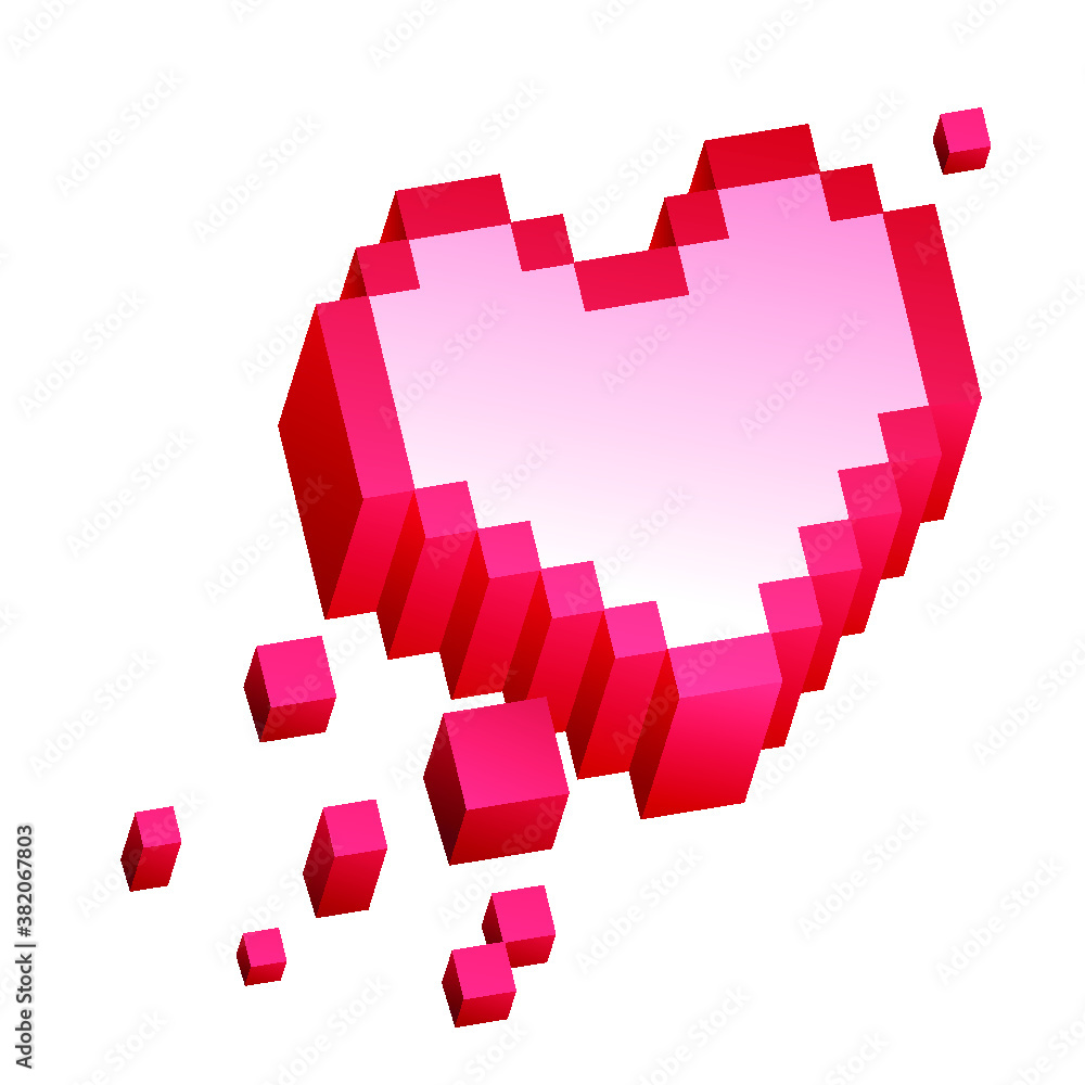 Heart, pixel art 3d style, isolated vector illustration on white ...