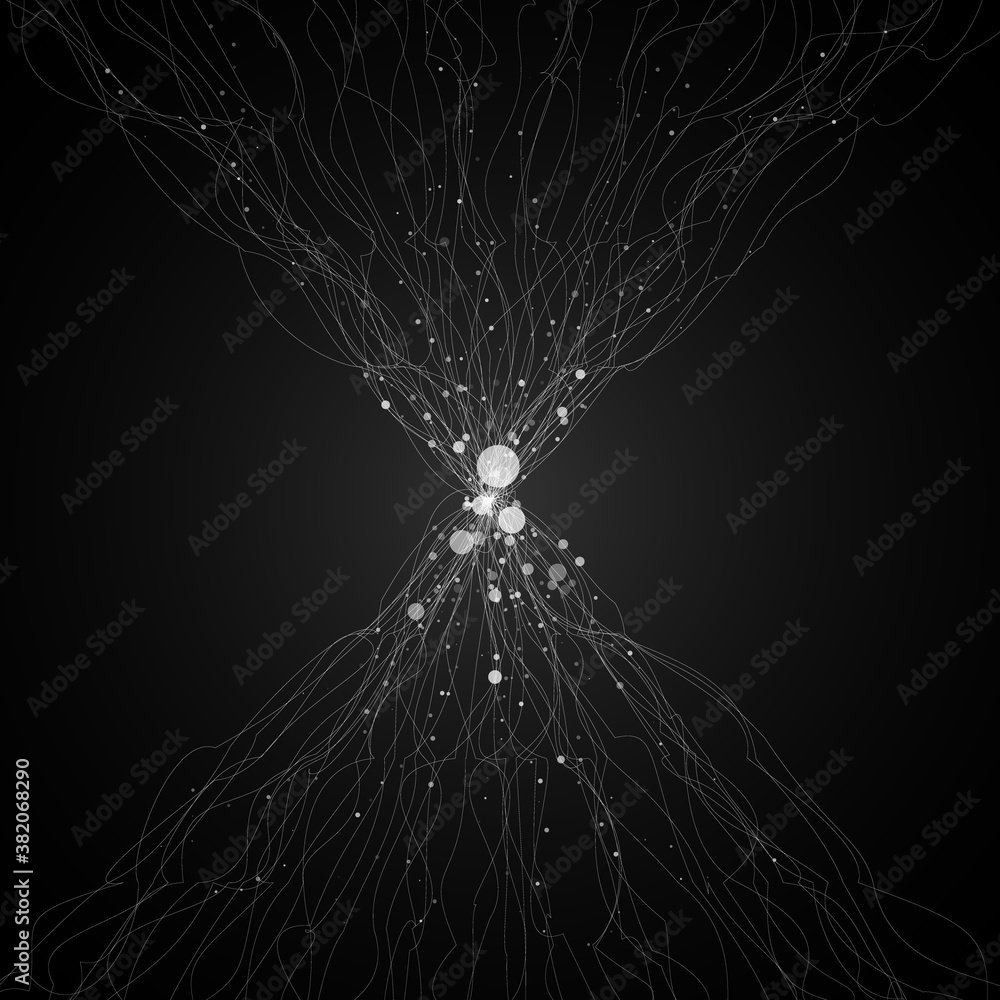 Big data visualization. Lines with a cluster of dots in the center. Deep learning algorithms ...