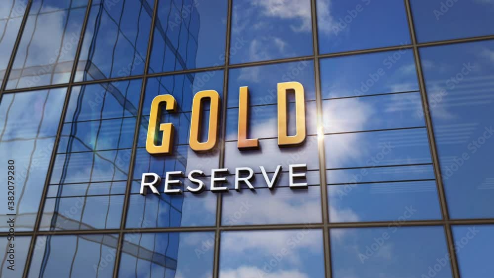 Gold reserve safe bank sign on glass building. Business safety system ...
