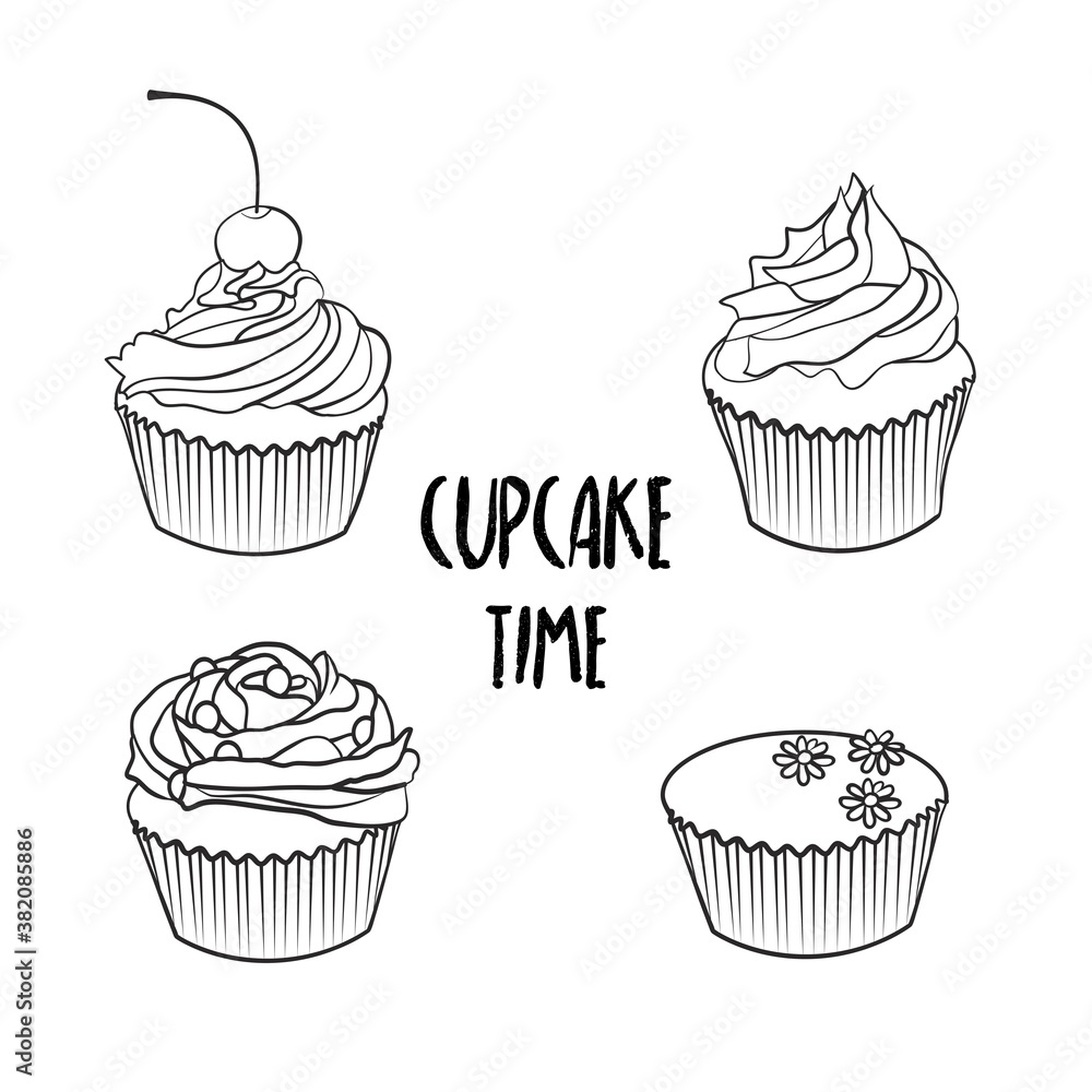 Outline cupcakes black and white objects on white background cartoon ...