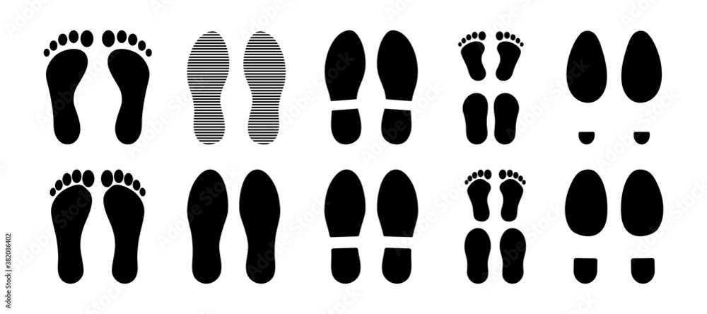Footprints human silhouette, vector set, isolated on white background ...