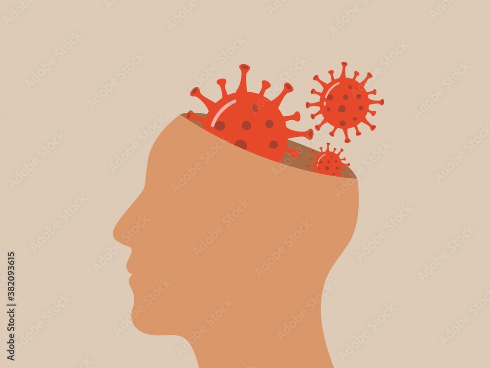 Vector banner with a coronavirus virion instead of a brain in the human ...