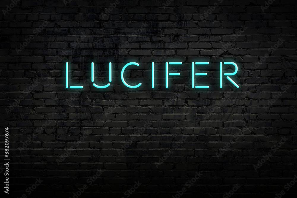 Poster Neon sign. Word lucifer against brick wall. Night view – Wall ...