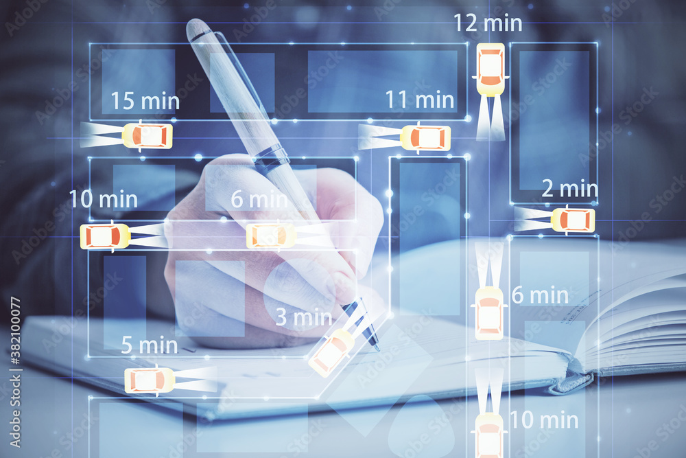 Tech autopilot theme hologram over woman's hands taking notes ...