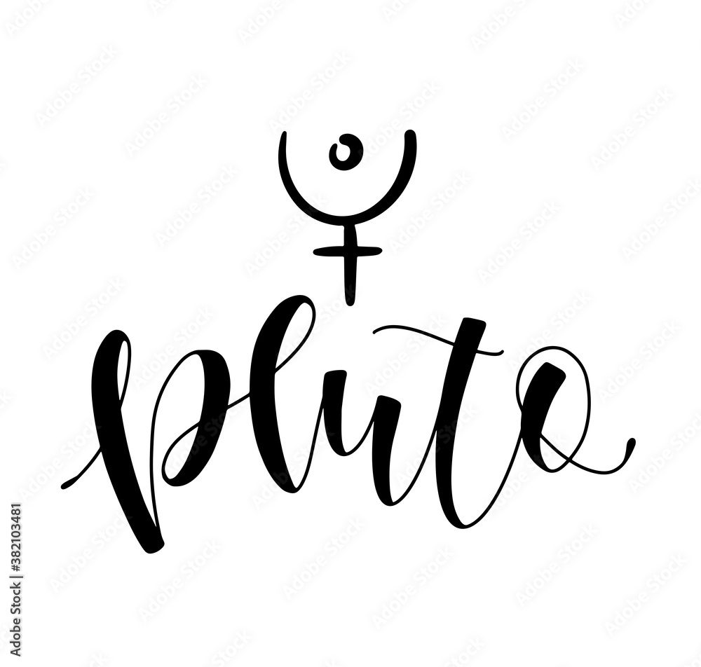 Pluto - astrological symbol and hand drawn lettering - Black vector ...