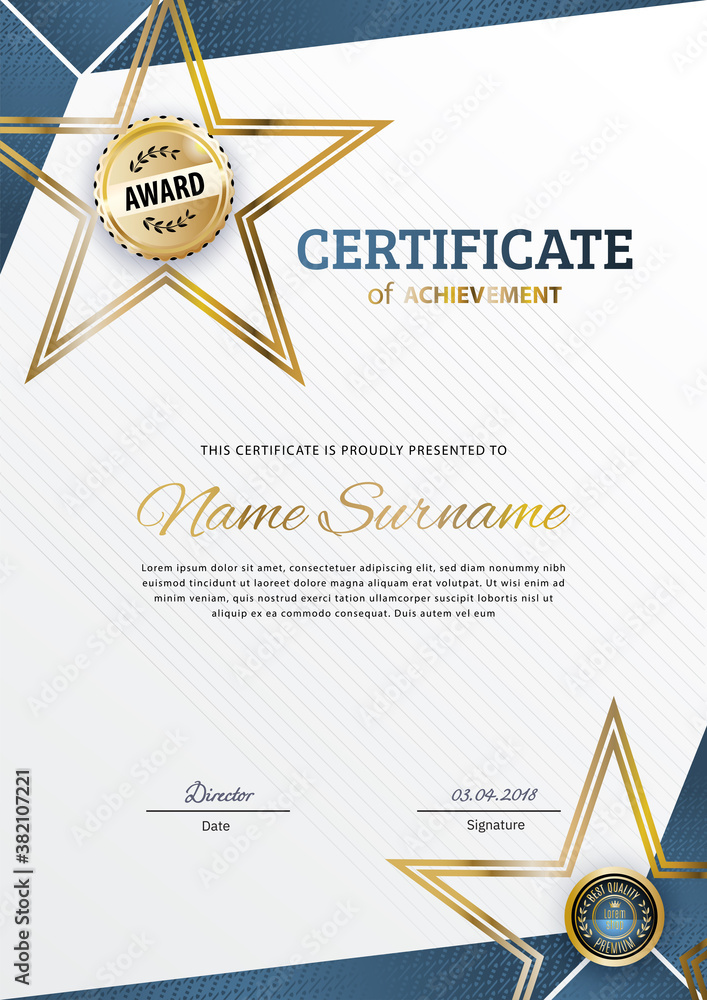 Official certificate with blue design elements. Business modern design ...