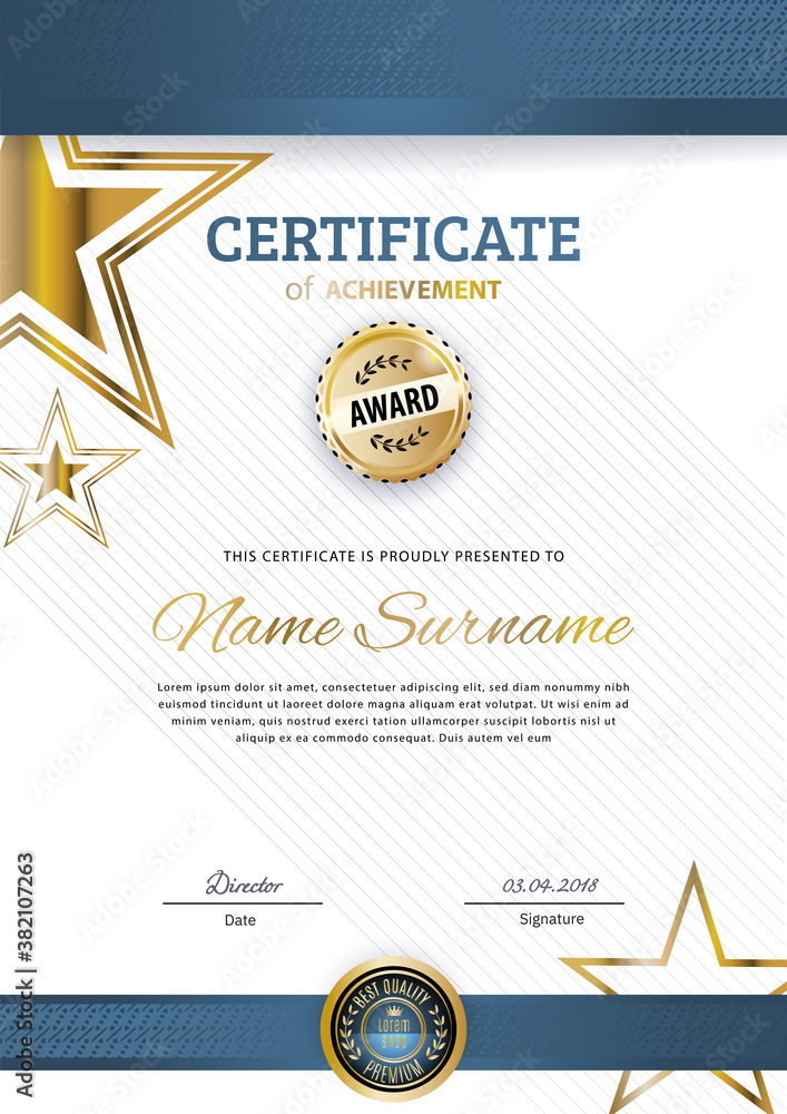 Official certificate with blue design elements. Business modern design ...