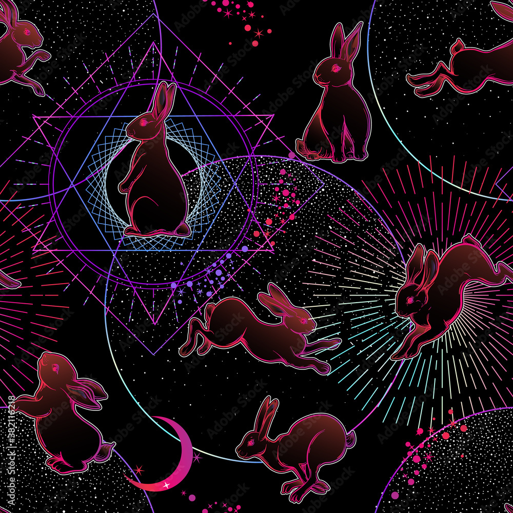 Seamless pattern with symbols of nocturne magic and mystical and sacred ...