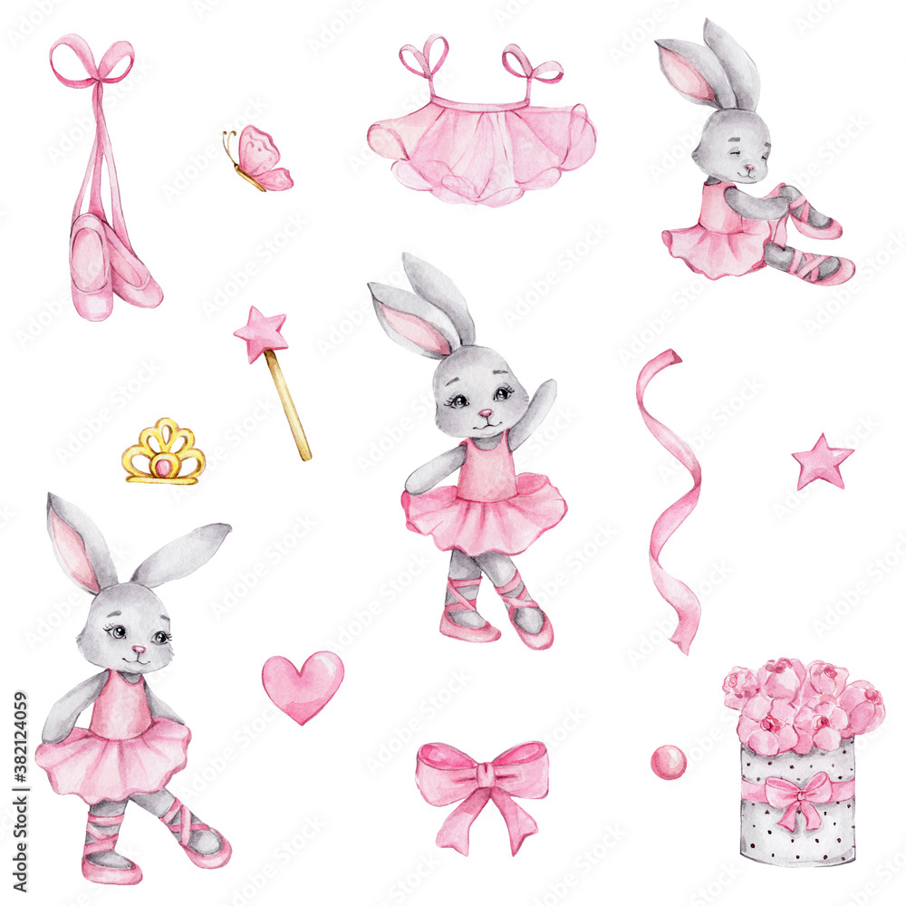 Ballet set with cute bunnies ballerinas, tutu skirt, pointe shoes ...