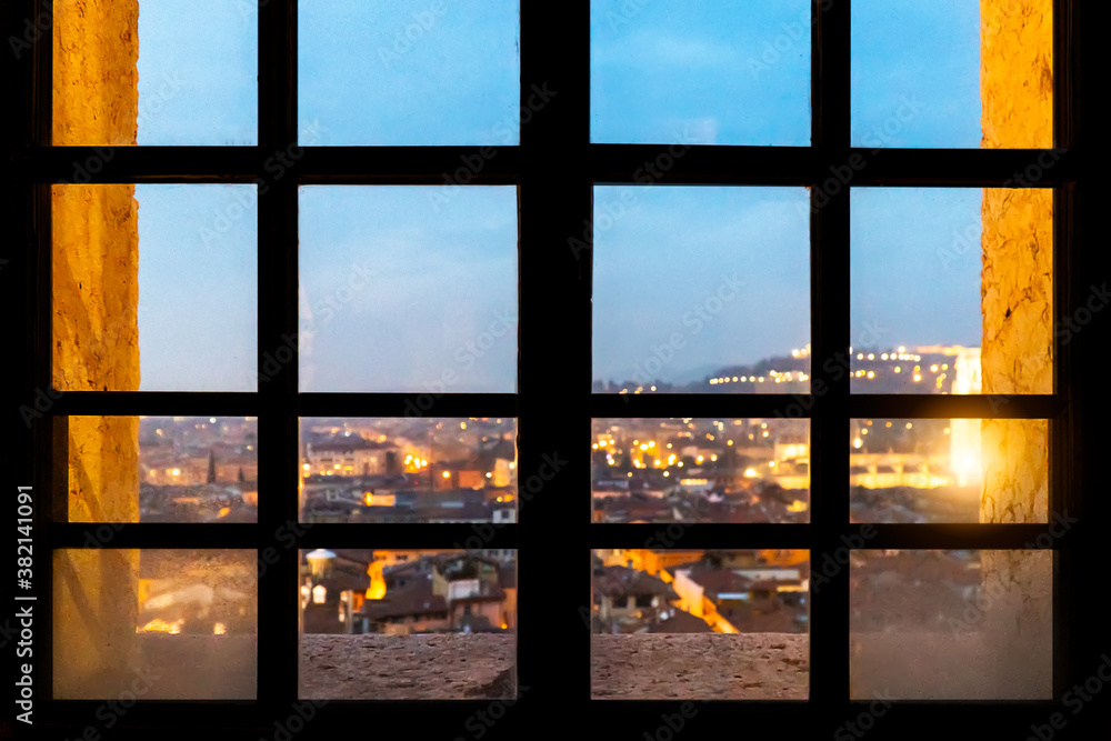 Window frame with blur background of romantic europe city at night ...