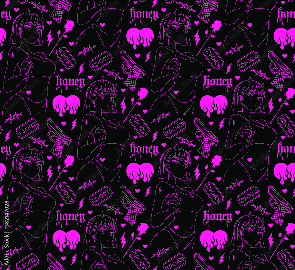 Anime girl vector seamless pattern in pink color on the black ...