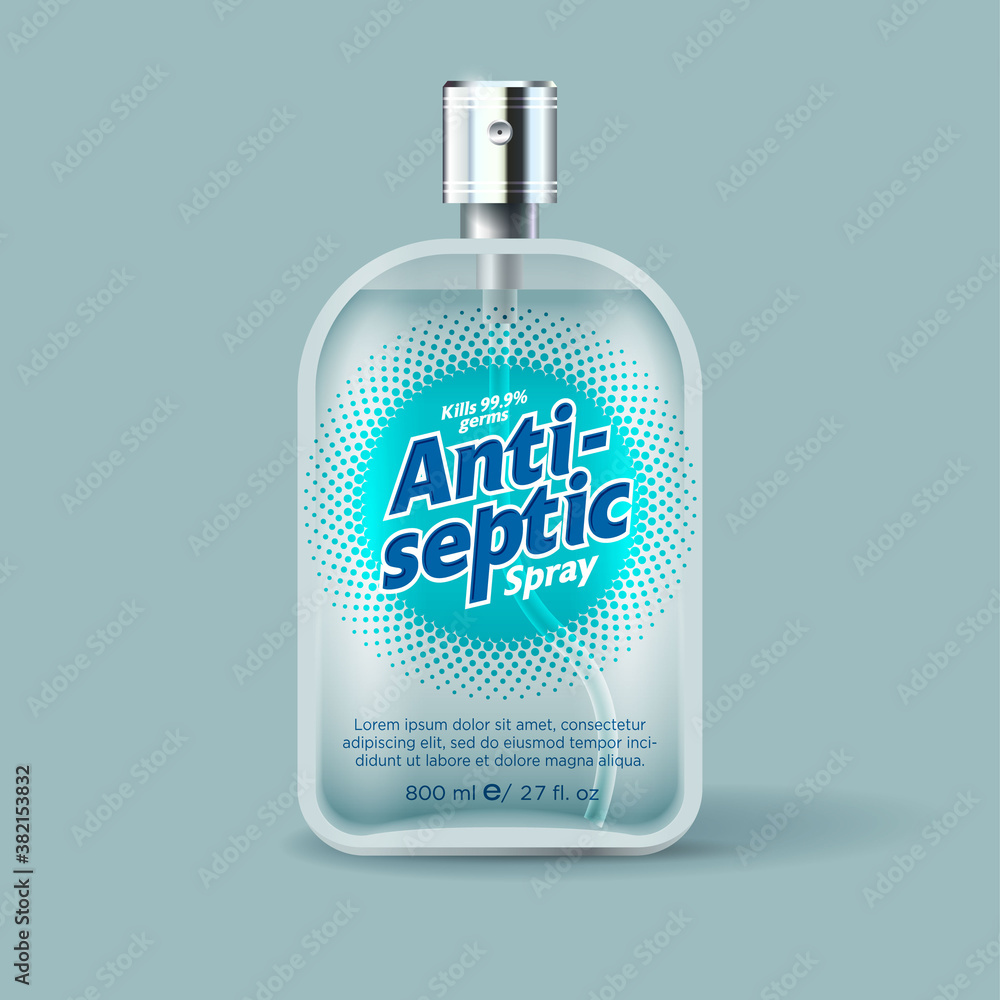 Antiseptic spray sanitizer label and packaging. Bottle with dispenser ...
