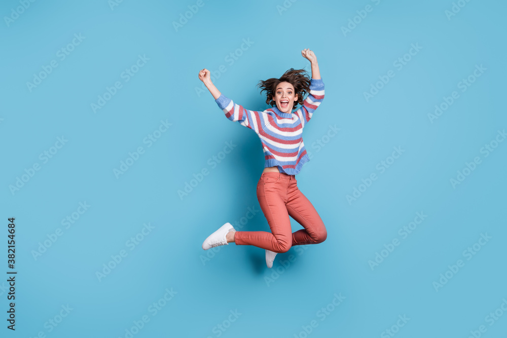 Full length body size photo of jumping high funky careless young girl ...