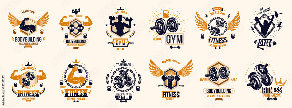 Fitness sport emblems logos or posters with barbells dumbbells ...
