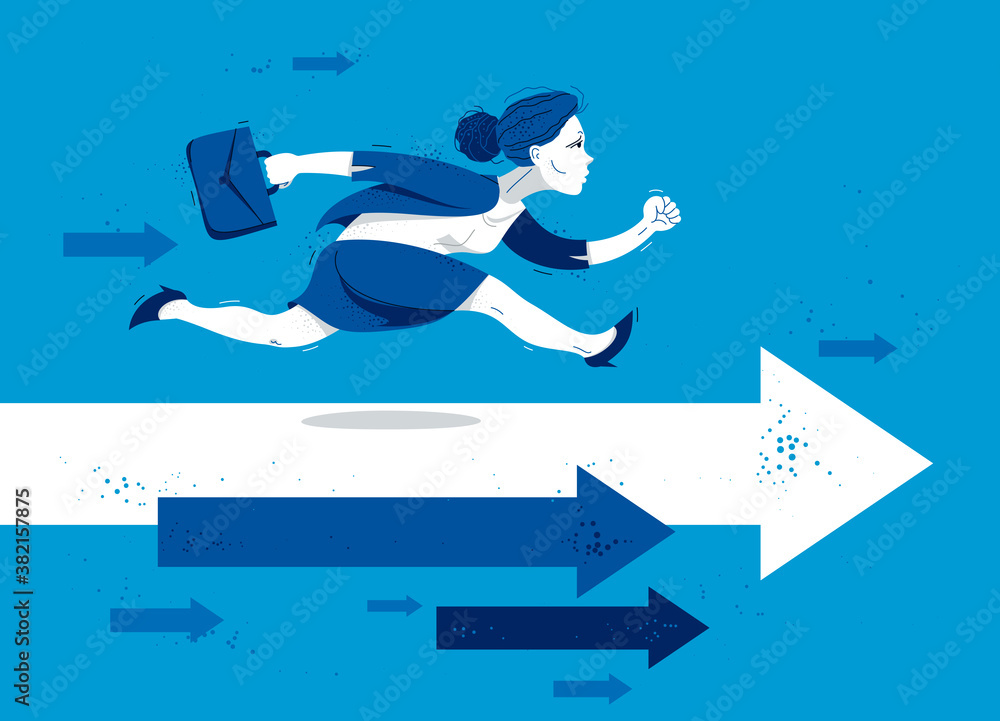 Business woman run and hurry on arrows symbolizes career competition ...