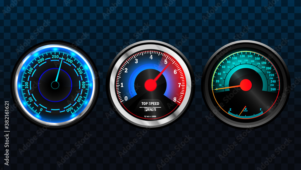 Realistic vector car speedometer interface. Power meters, fast or slow ...
