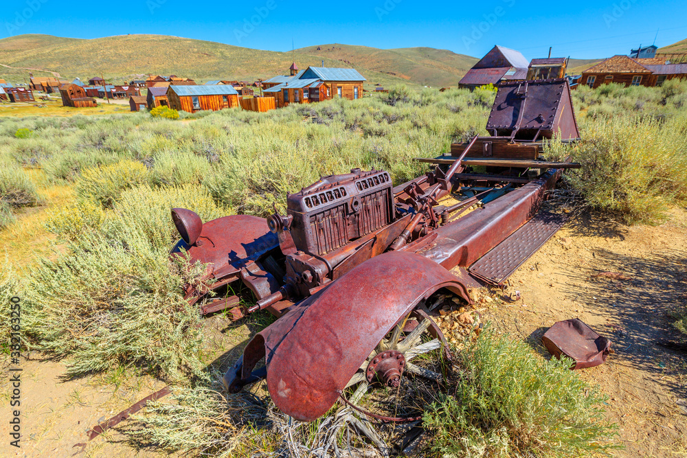 Rusty wreck of the vintage old car, in Bodie state historic park ...