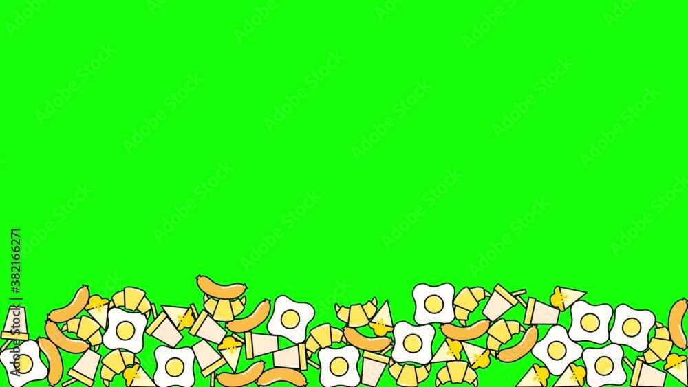 2d animation of falling food items scrambled eggs, juice, sausage, ice ...