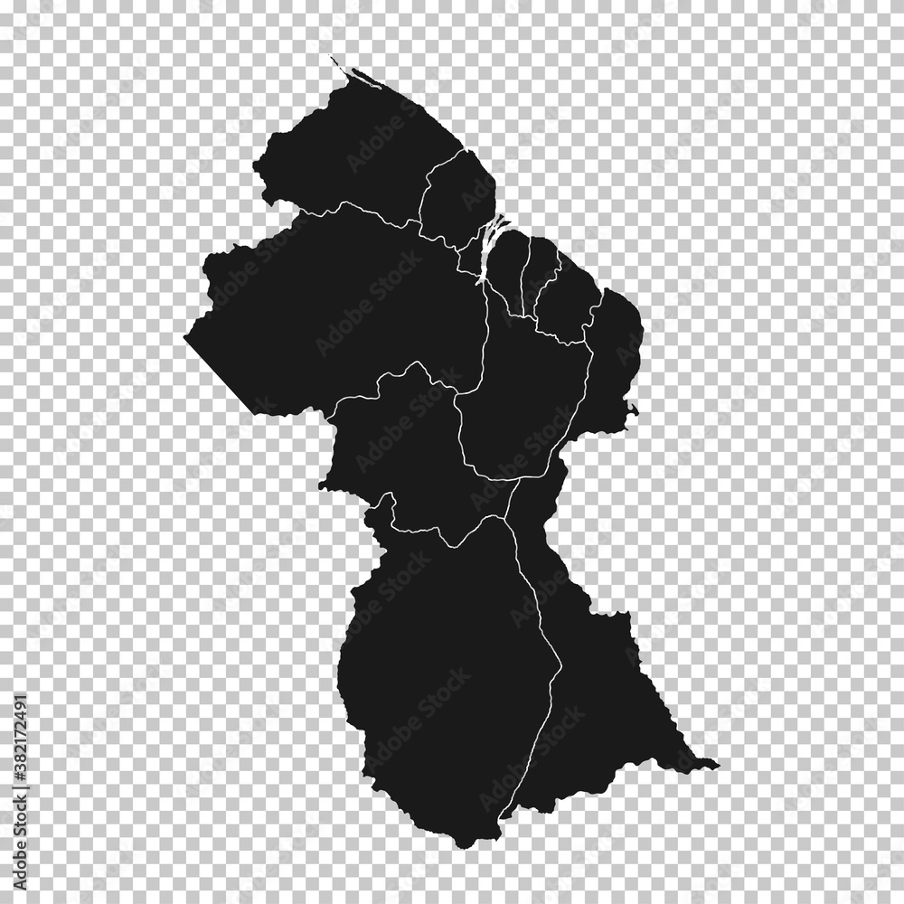 Guyana Map - Vector Solid Contour and State Regions on Transparent ...