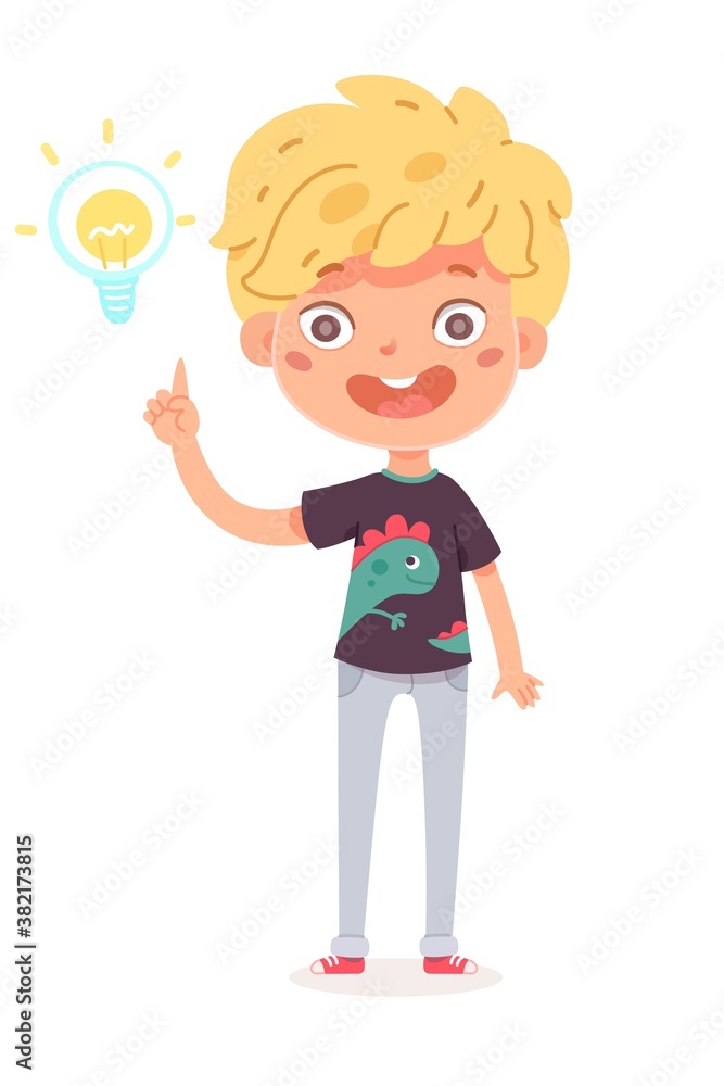 Boy has idea, brainstorming, light bulb sign over head. Child isolated ...