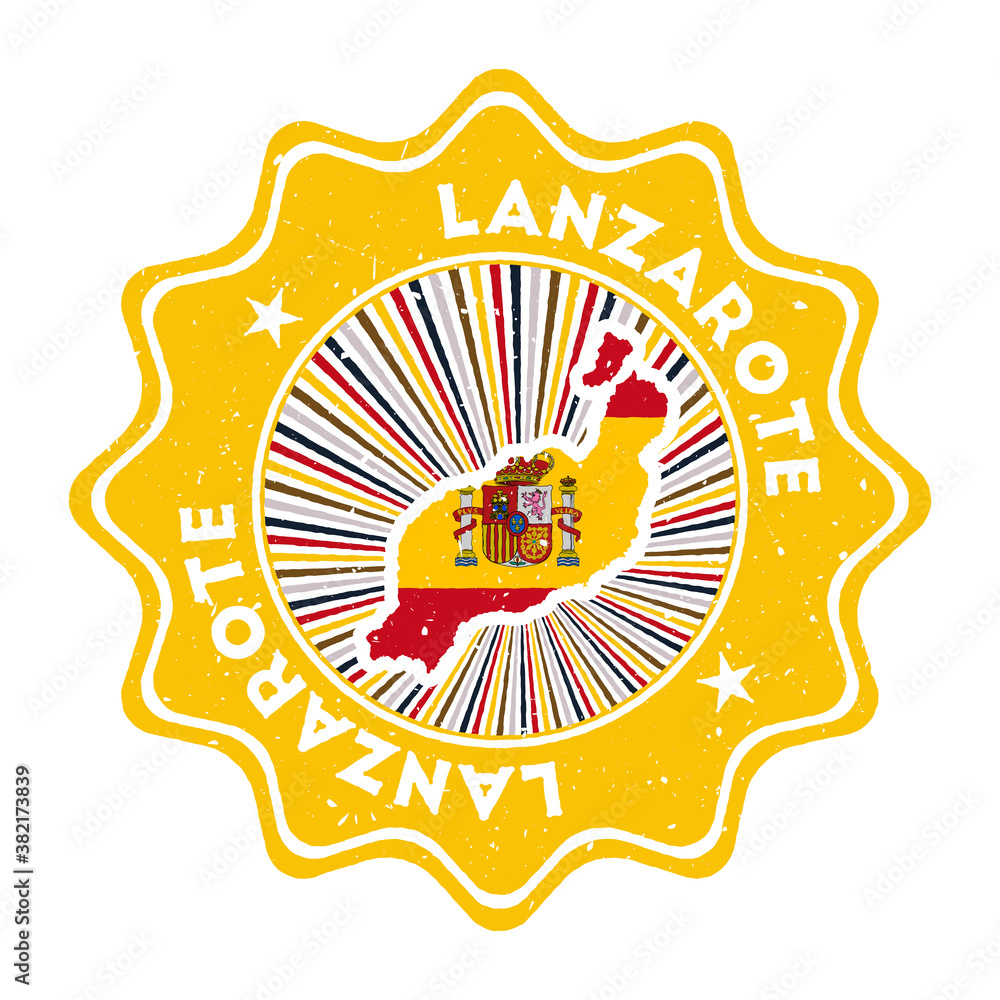Lanzarote round grunge stamp with island map and country flag. Vintage ...