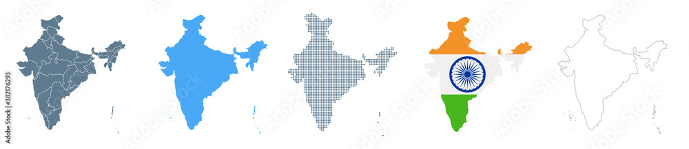 India Map Set - Vector Solid, Contour, Regions, Flag, Pixels Stock ...