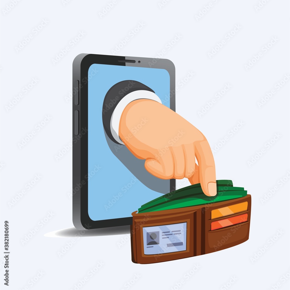 Hand take money on wallet from phone. internet scammer and financial ...