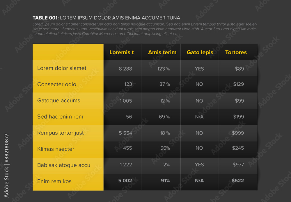 Simple Dark Data Table Layout Layout Stock Template | Adobe Stock