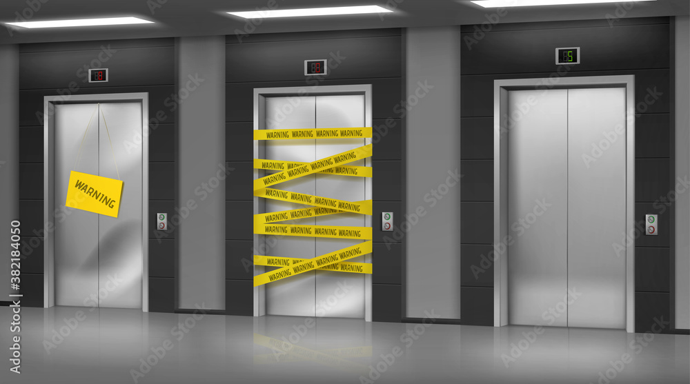 Broken elevators closed for repair or maintenance. Warning sign hang on ...