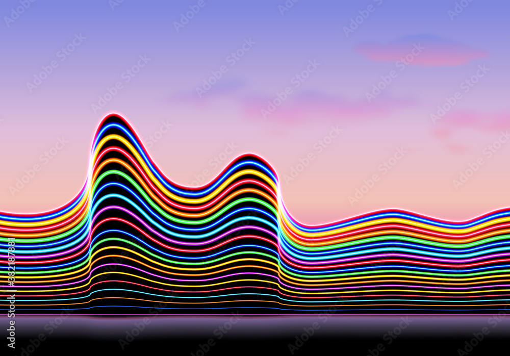 Vibrant landscape with 80s styled neon architectural abstraction of an ...