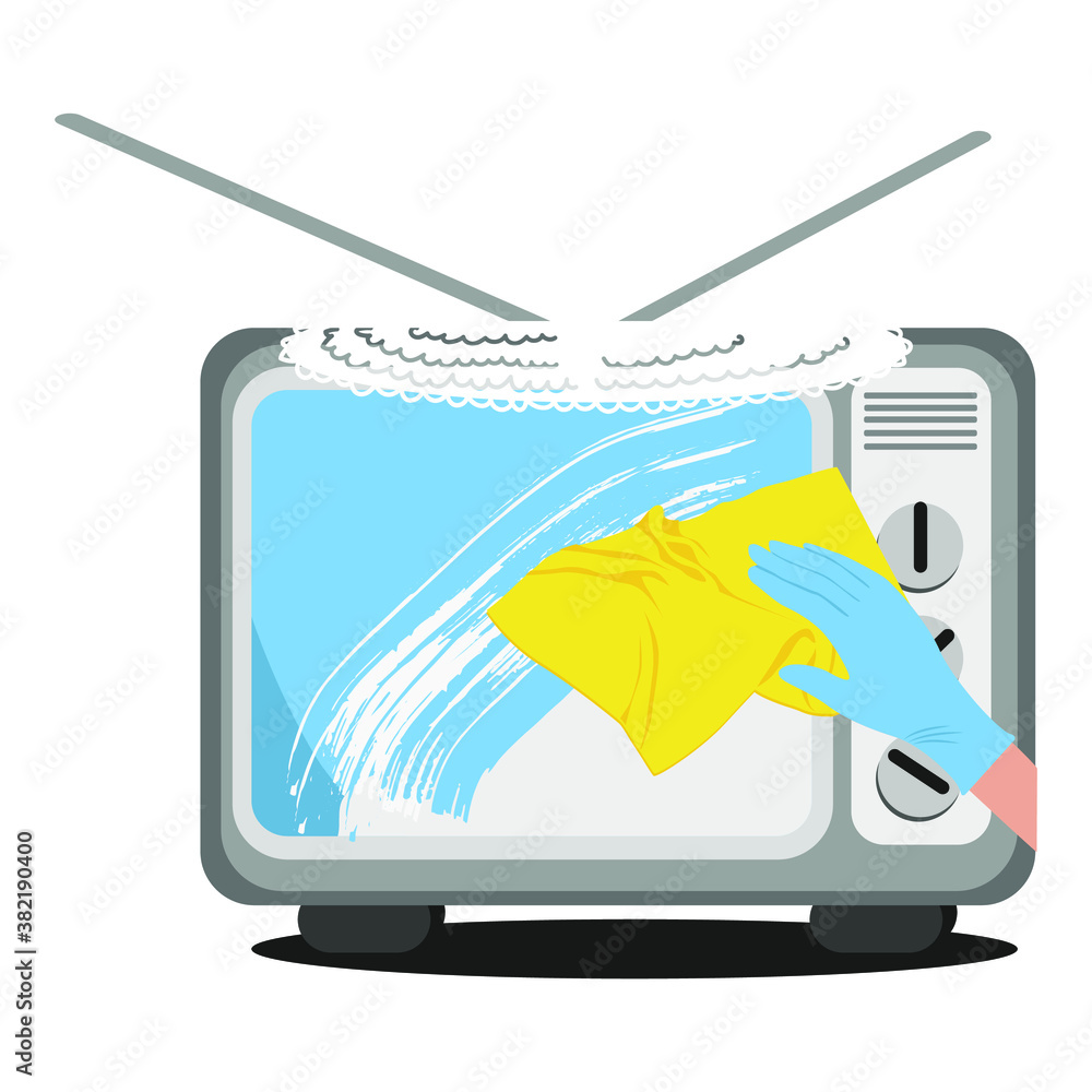 Vector drawing of a hand in a glove with a napkin washes the dirty TV ...
