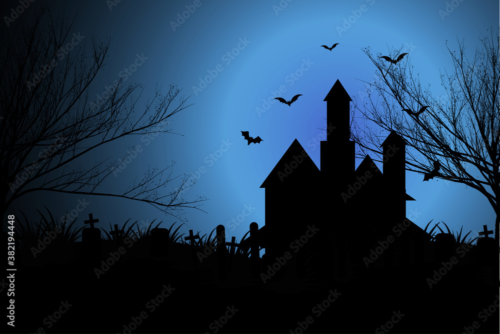 haunted house in the woods,alloween background with cemetery and bats ...