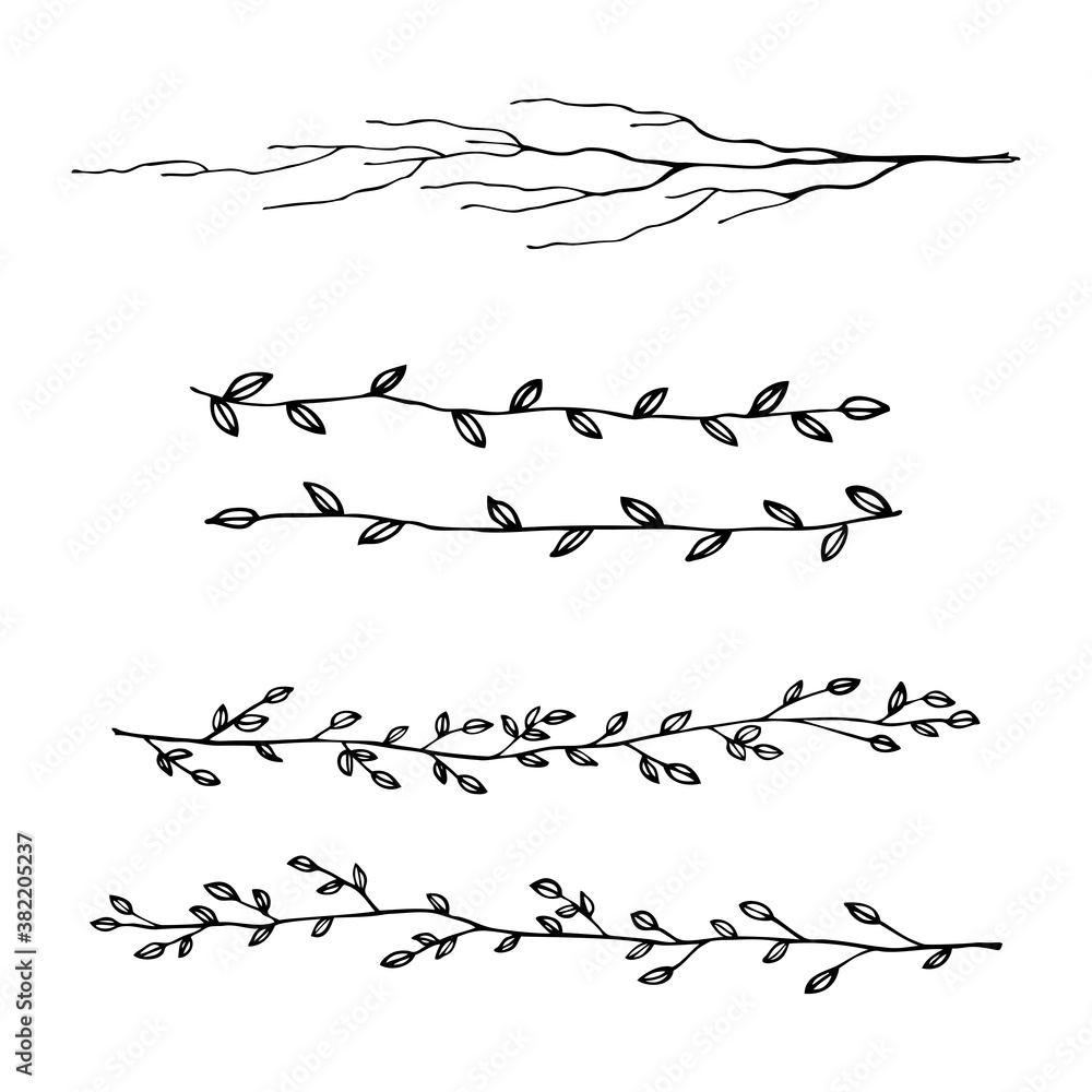 Hand drawn vignettes of tree branches on white background; floral ...