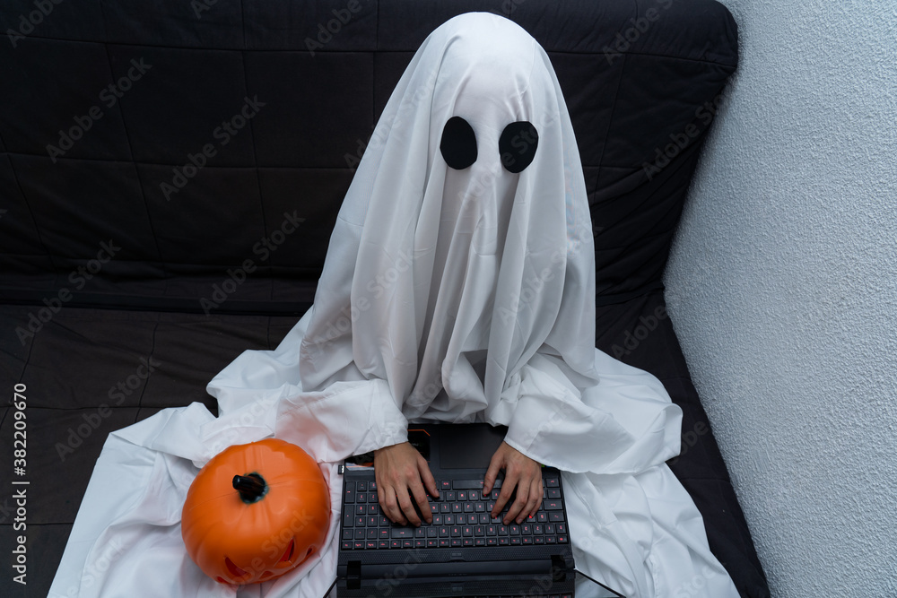 Ghost working from home on his computer sitting on the couch with a ...
