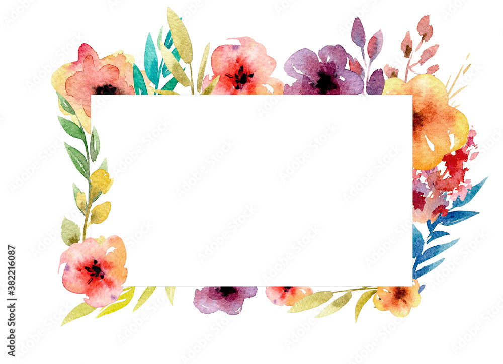 Rectangular frame of watercolor flowers, for cards, wedding invitations ...