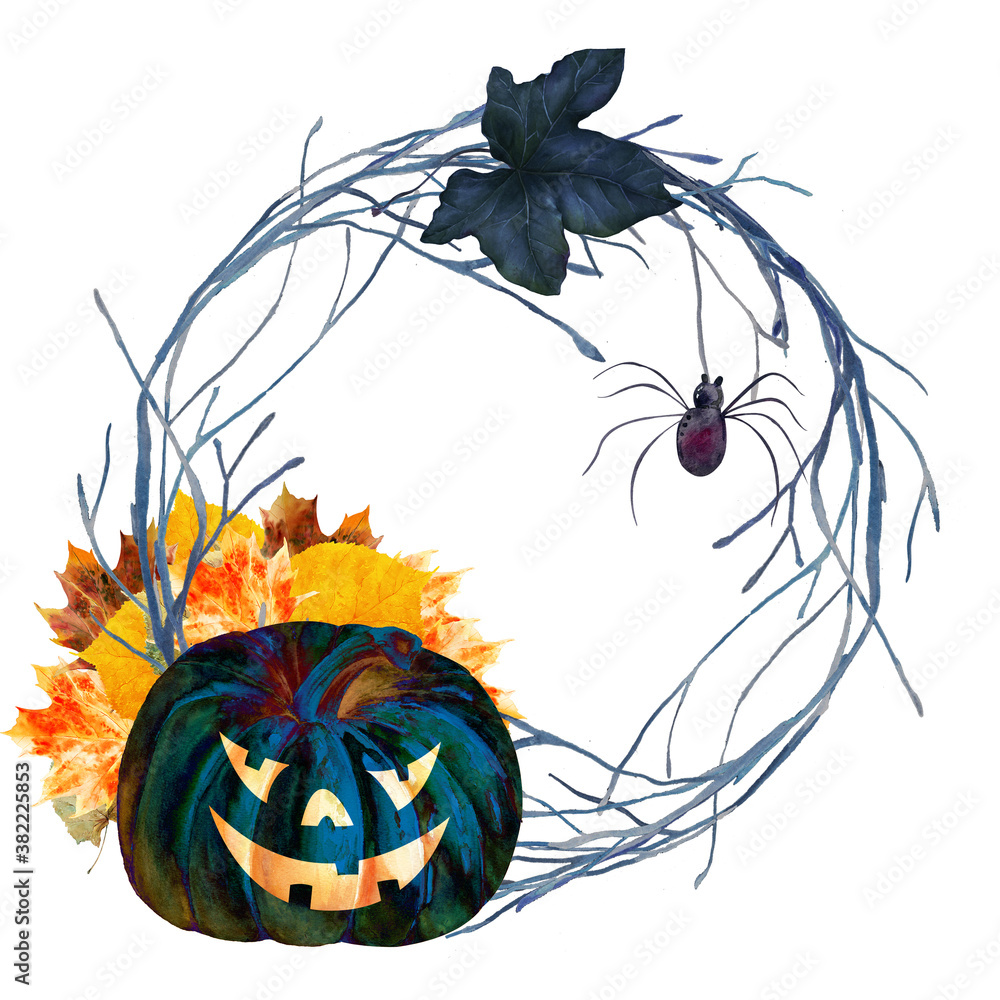 Watercolor halloween wreath with pumpkins. spider and bat motives ...