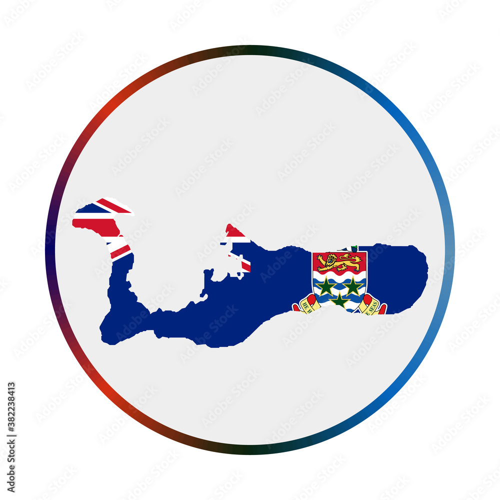 Grand Cayman icon. Shape of the island with Grand Cayman flag. Round ...