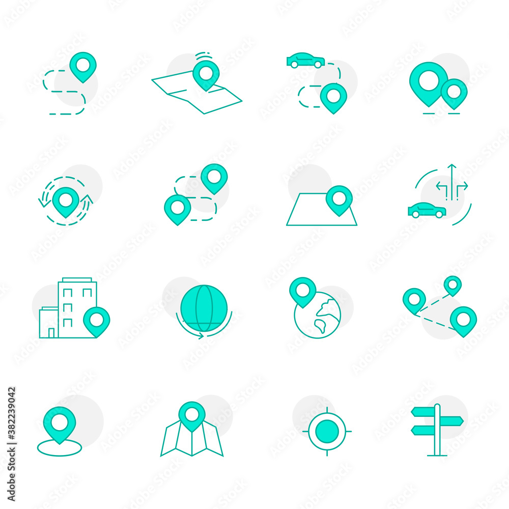 A simple set of icons for vector lines associated with a route. Contains icons such as map with ...